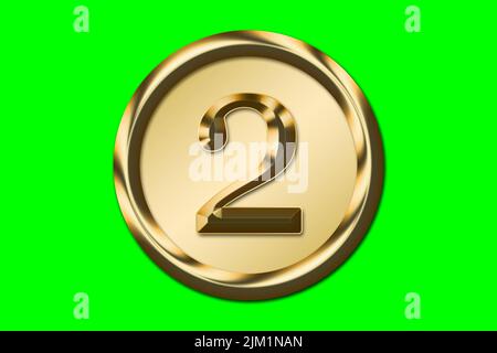 Two, number 2. Gold color glossy digit 2 on golden metal luxury ...