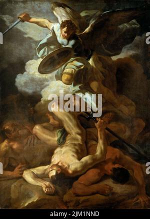Painting of the Angel Michael defeating the Devil behind the altar in ...