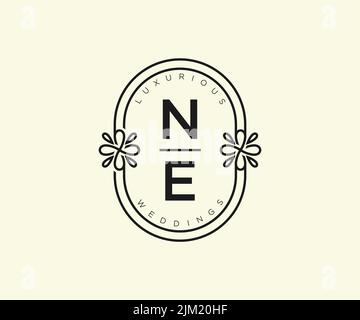 Initials NE wedding monogram logo with leaves and elegant circular ...