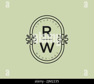 Initials RW wedding monogram logo with leaves and elegant circular ...