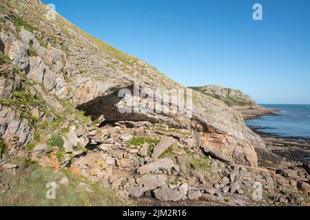 Entrance to Bacon hole bone cave, South Gower cliffs, Wales, UK Stock ...