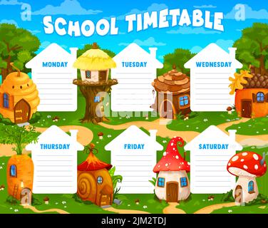 School timetable schedule cartoon elf village with fairy houses. Vector ...