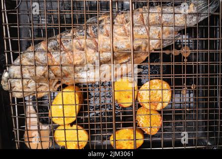 Raw fish for shish kebab and potatoes strung on a skewer for cooking in ...
