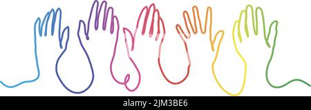 Raised hands one line continuous drawing. Teamwork, collaboration ...