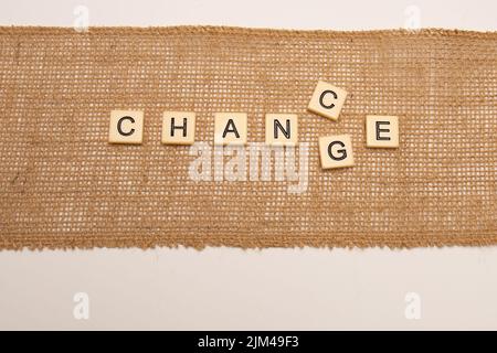 A "CHANCE" concept in letter tiles laid on Hessian jute cloth isolated ...