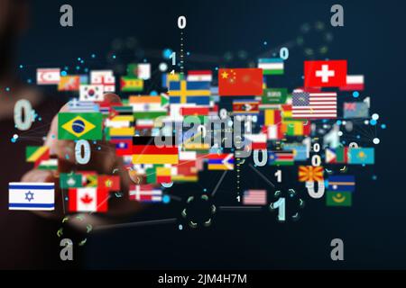 Person presenting the virtual projection of national flags of the ...