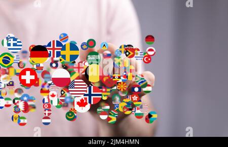 A closeup of illustrated world flags near a hand Stock Photo - Alamy