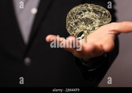 A hologram of a 3D rendered human brain hovering over a person's hands ...