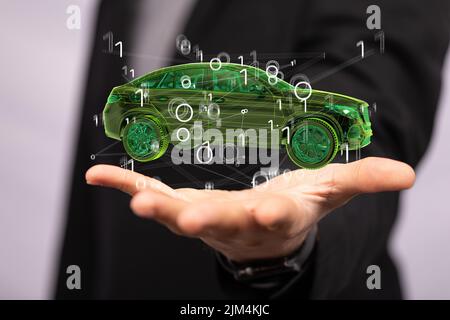 3D rendered hologram of a car with binary numbers hovering with a hand ...