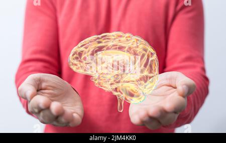 A hologram of a 3D rendered human brain with binary digits hovering ...