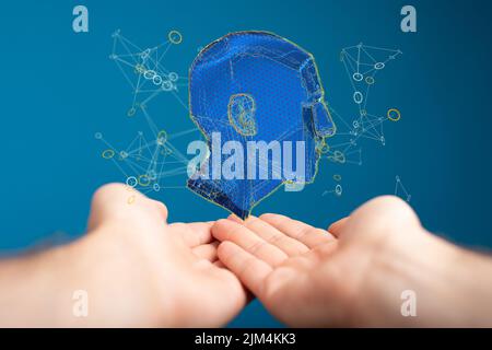 A hologram of a 3D rendered human brain hovering over a person's hands ...