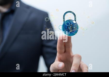A Person's finger touching a 3D rendered security concept with floating ...