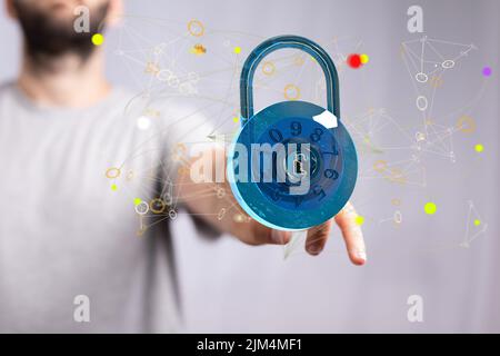 A Person's finger touching a 3D rendered security concept with floating padlock and binary code ...