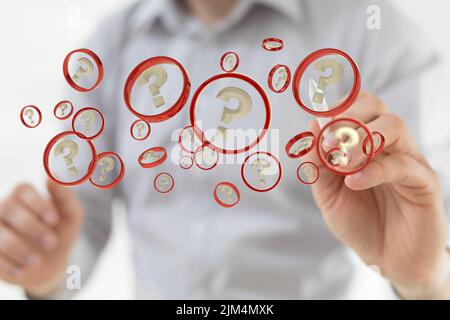 3D digital rendering of question icons with a man's hand - concept of ...