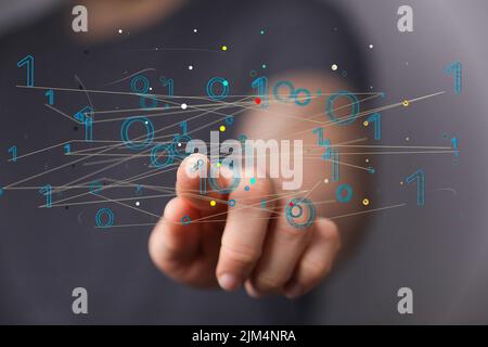A hand pointing to digital binary codes - the concept of lines and futuristic data flow.3D ...