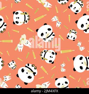 Kawaii panda kids dental health care vector educational seamless ...