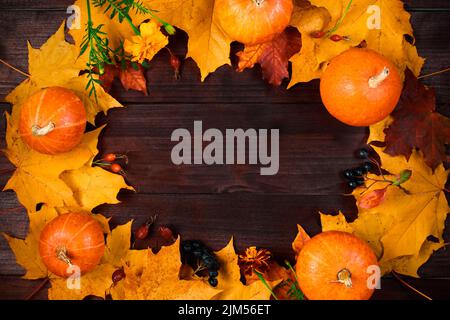 Autumn background. Frame from ripe pumpkins and fallen leaves on wooden ...