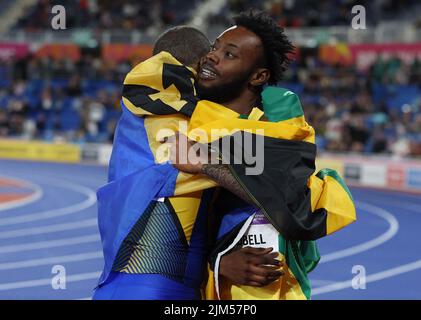 Jamaica's Rasheed Broadbell celebrates winning gold in the Men's 110m ...