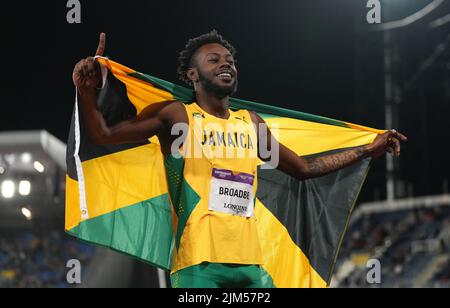 Jamaica's Rasheed Broadbell celebrates winning gold in the Men's 110m ...
