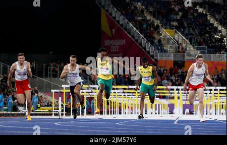 Jamaica's Rasheed Broadbell crosses the line to win gold in the Men's ...