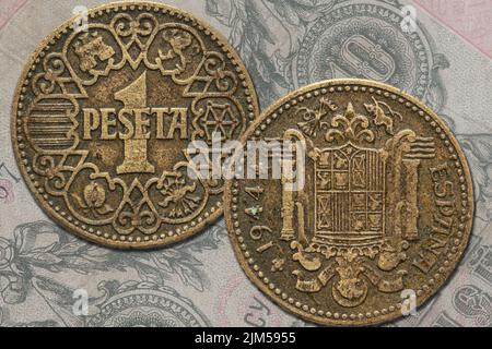 Spanish peseta coin obverse and revese. Currency of Spain between 1868 ...