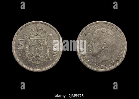 Spanish peseta coin obverse and revese. Currency of Spain between 1868 ...