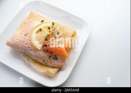 Cuisine of Normandy, galette pancake filled with goat cheese and smoked ...
