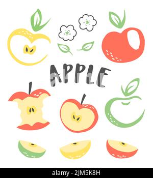 Set of 3 apples drawing hand painted with ink brush isolated on white ...