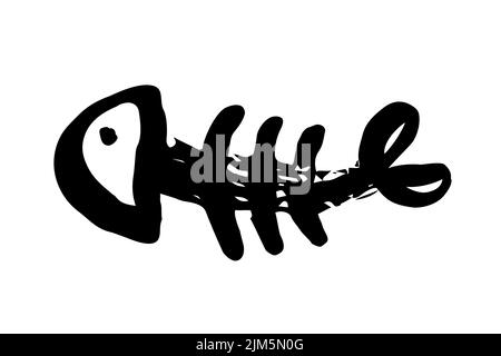 Fish bone skeleton hand painted with ink brush stroke, isolated on ...