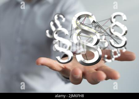 A person holding 3D rendered section signs on a blue background Stock ...