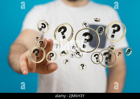 A 3D render of questions marks floating and being manipulated in a ...