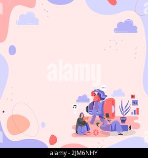 Illustration Group Relaxing Listening Music Fixing Megaphone. Three ...