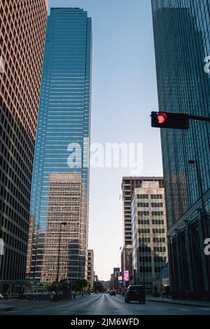 An intersection surrounded by skyline buildings in Downtown Dallas ...