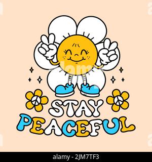 Cute funny flower show peace gesture t-shirt print design. Vector retro ...
