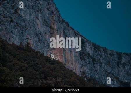 Evening view of Ostrog orthodox monastery in Montenegro or Crna gora ...