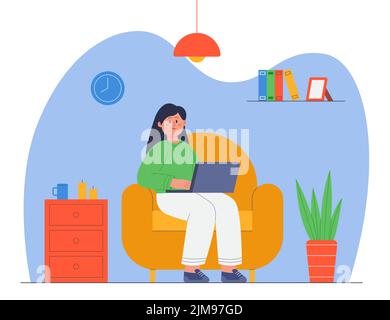 Cute cartoon character working from home. Remote work and telecommuting ...