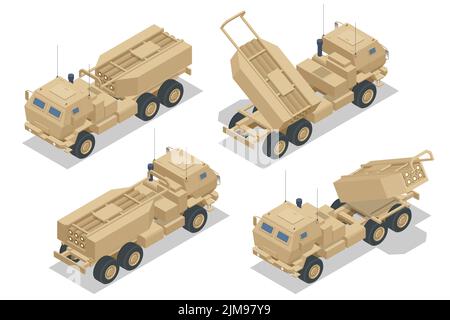 Isometric rocket salvo fire system on a wheeled landing gear. Rocket ...