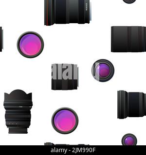 Set of lenses for camera. Various sizes and focal lengths. Optical device. Shooting equipment ...