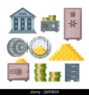 Cartoon bank vault. Gold and currency reserve, safe room entrance with ...