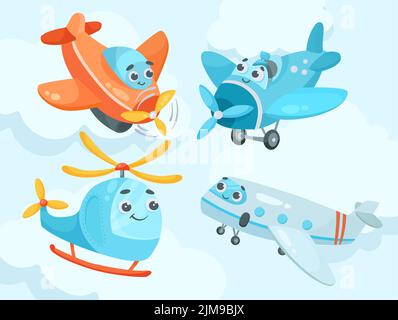 Cartoon airplanes. Funny vector characters, isolated objects Stock ...