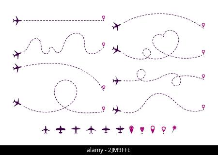 Dotted airplane trajectories cartoon illustration set Stock Vector ...