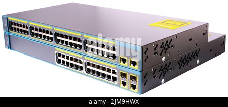 Two fast ethernet network switches isometric view isolated on the white ...