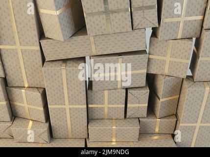 A stacked wall of different sized rectangular gift boxes wrapped in ...