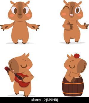 Set of cute hand-drawn capybaras holding balloon, getting excited ...