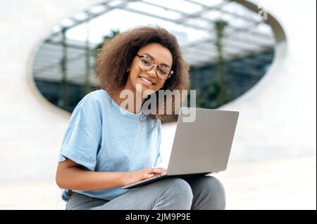 portrait businesswoman smile freelancer financial sit in cafe work to ...