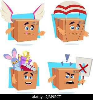 Cardboard box flying on parachute sticker cartoon illustration Stock ...