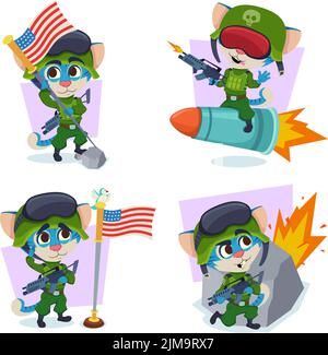 Set of hand-drawn soldier cats with firearm standing at checkpoint ...