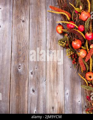 Right border of Autumn foliage on rustic white wooden boards Stock ...