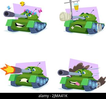 Set of hand-drawn cartoon tanks feeling dead, raising American flag ...