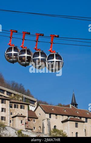 Elevated railway track of funicular or cable car around trees in Europe ...
